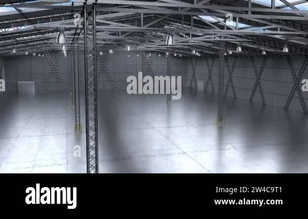 Empty warehouse with roof windows and several pillars - 3D 4k animation ...