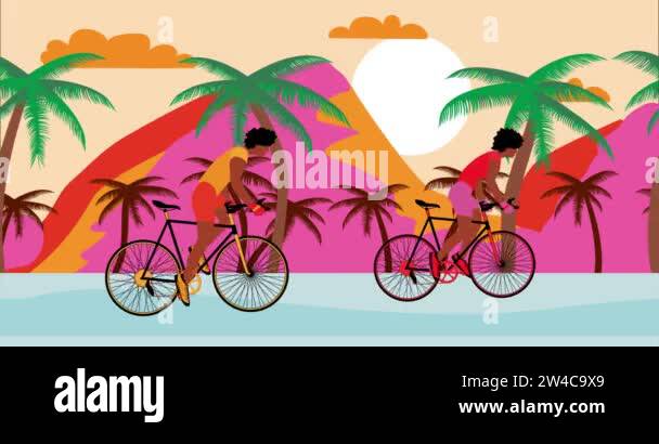 African American man and woman cyclists is riding bicycle on the beach ...
