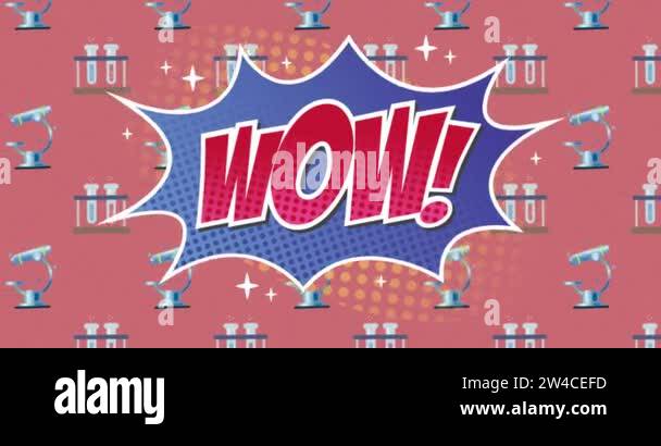Digital animation of Wow text on speech bubble over multiple test tube ...