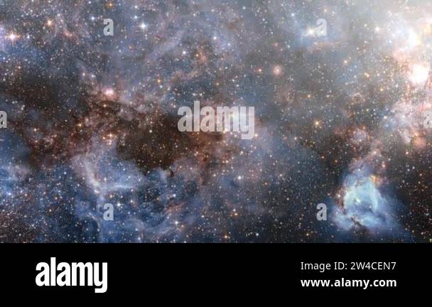 Space exploration through outer space towards glowing milky way galaxy. Animation of flying ...