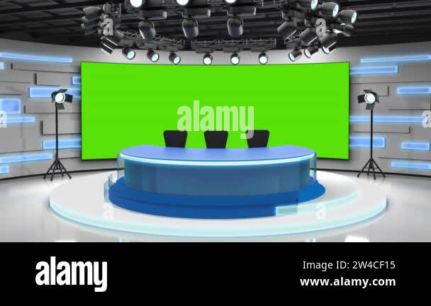 Tv studio. News room. Blye and red background. General and close-up ...