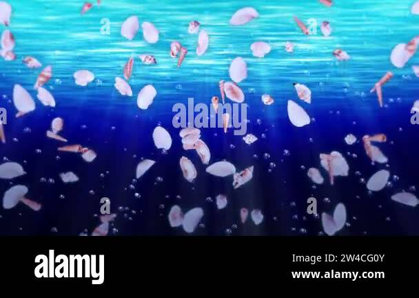 Flying many sea shells in blue water. Collection of realistic shellfish ...