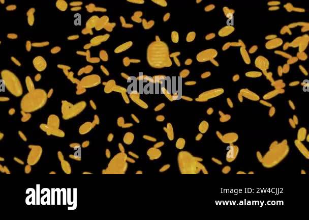 Flying many Koban coins on black background. Japanese oval golden coin ...