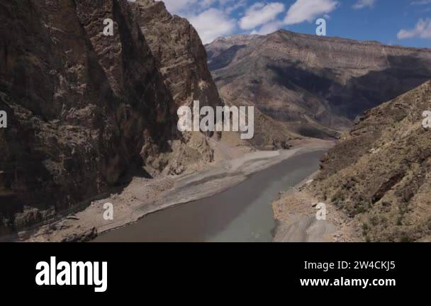 Confluence of two rivers.Flight between the rocks over the confluence ...