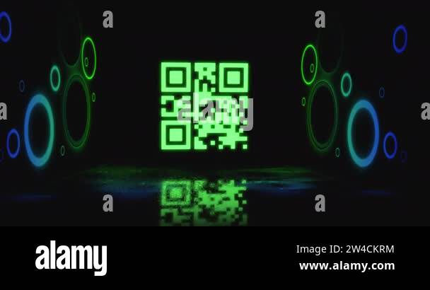 Animation of flickering green QR code with green and blue neon circles on black background ...