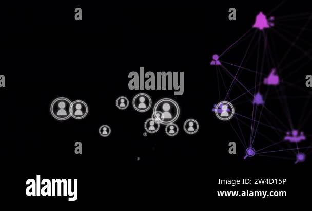 Digital animation of Globe of glowing purple digital icons spinning ...