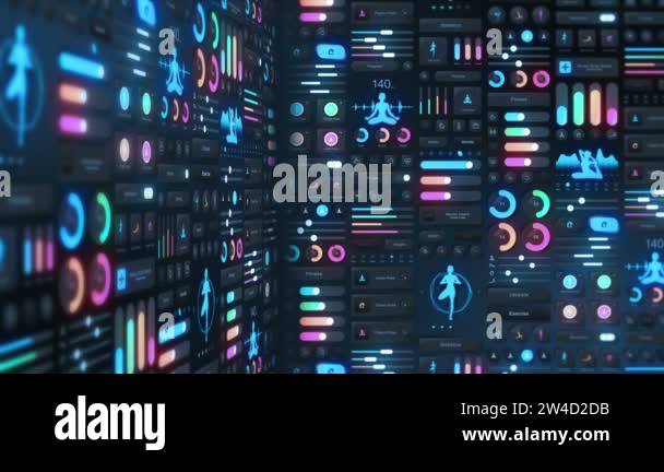 Hi tech panel of yoga application on dark background. Fitness and ...