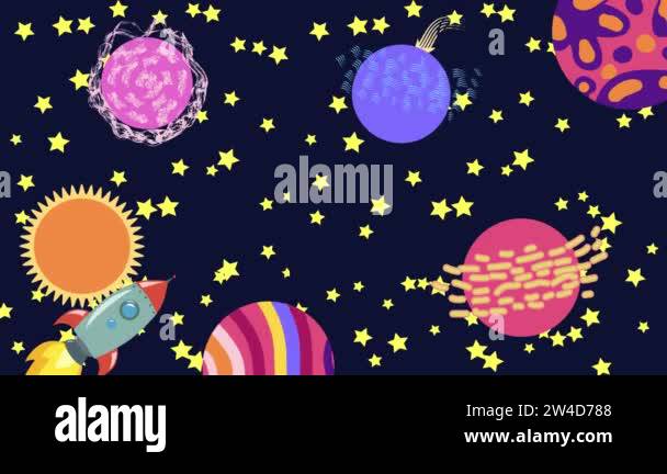Cartoon Space. Cartoon rocket flies in outer space past the suspended ...
