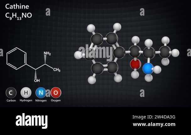Cathine (norpseudoephedrine) stimulant molecule. Formula C9H13NO. 3D ...