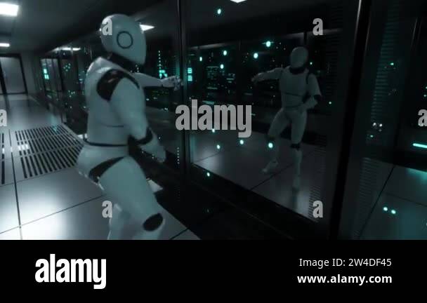 The dancing robot in the server room looks at itself in reflection. Data servers behind glass ...