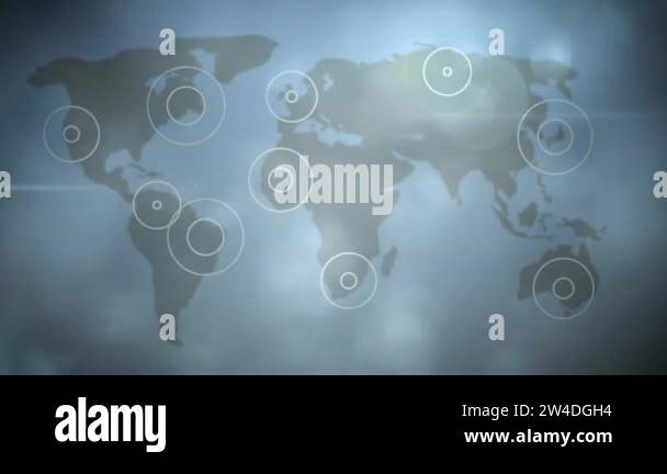 Animation of world map with multiple pulsating circles moving in seamless loop in hypnotic ...
