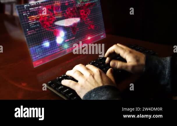 Hacker typing on the keyboard with earth globe map on hologram screen ...