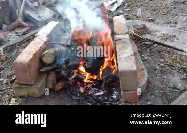 Backdrop of the fire flame and ashes. Bonfire fire texture on wild ...