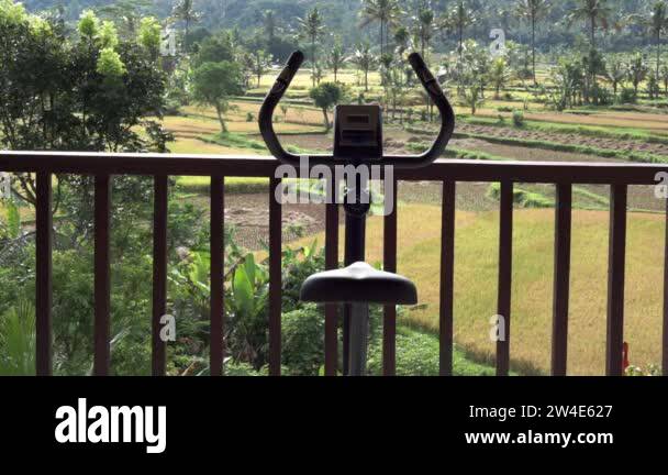 Video footage of exercise bike on the terrace with stunning views of ...