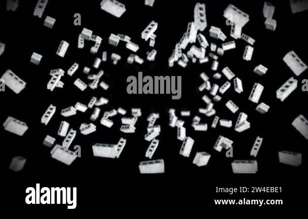 Flying many concrete bricks on black background. Miniature model ...