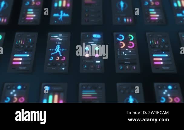 Hi tech panel of fitness application on dark background. Running and sports concept. UI, UX, GUI ...