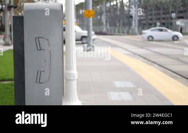 Retro coin-operated payphone station for emergency call on street ...