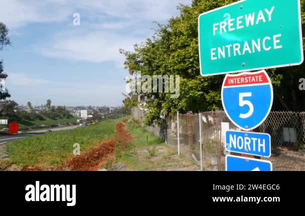 Freeway entrance, information sign on crossraod in USA. Route to Los ...