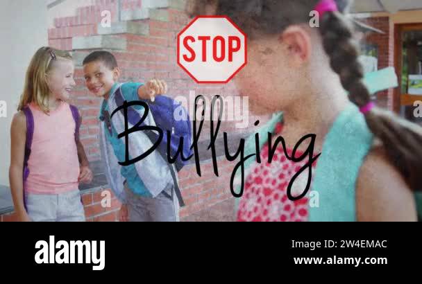 Animation of sad schoolgirl at school with Stop Bullying sign ...