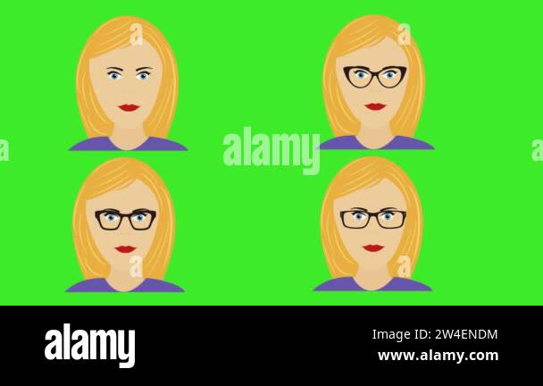 Cartoon women face avatar animation, moving and blinking eyes, on green ...