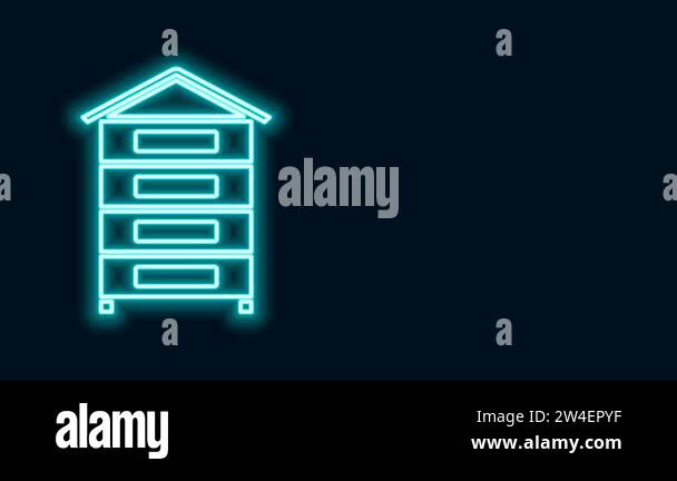 Glowing neon line Hive for bees icon isolated on black background ...