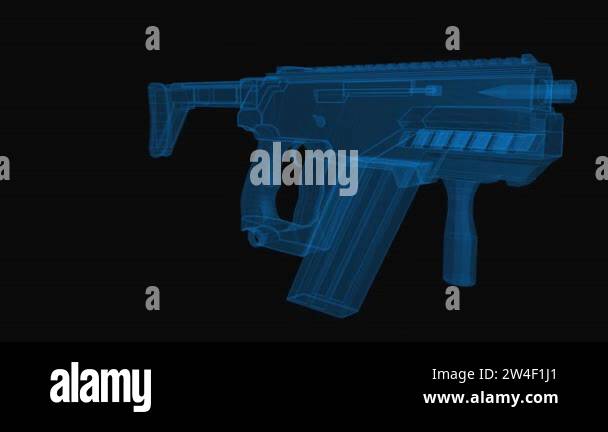 Submachine gun wireframe scheme. 3d render with blue grid lines. Loop ...