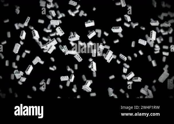 Flying many concrete bricks on black background. Miniature model ...