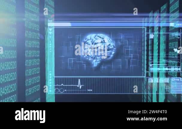 Animation of 3d glowing human brain spinning on screen over digital interface data processing ...