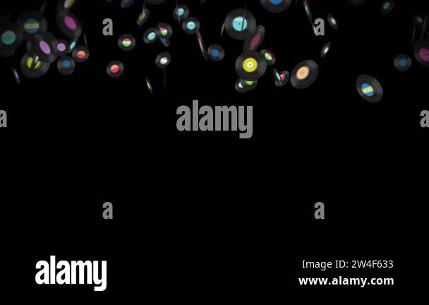 Flying many vinyl records on black background. Old technology. Retro ...