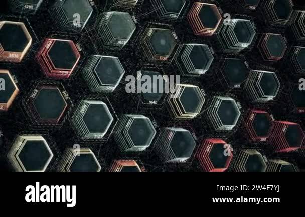 Abstract visualization of data processing on hexagons and dark background, seamless loop ...