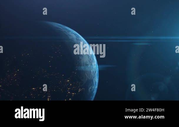 Earth planet with optical lens flare on space.Motion globe with clouds ...