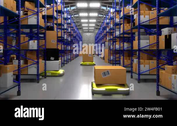 Autonomous robots transporting packages in warehouse, rack shelves ...
