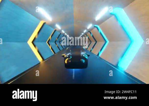 Flying robot behind the wheel of a futuristic car in a long tunnel ...
