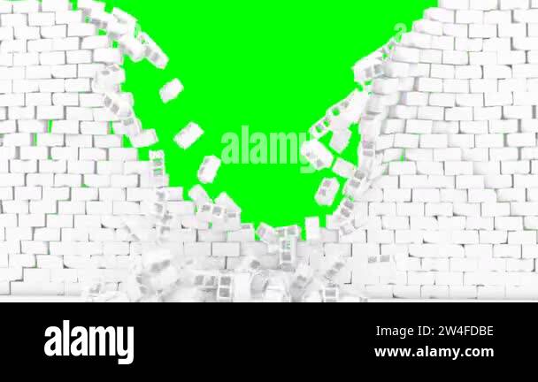 Wall destroy in 3d style on green background Crash stone brick ...