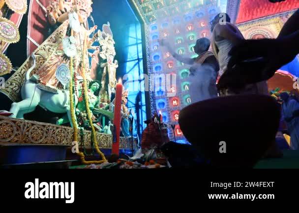 Howrah, West Bengal, India - 5th October 2019 : Hindu Bengali priests chanting Sanskrit shlokas ...