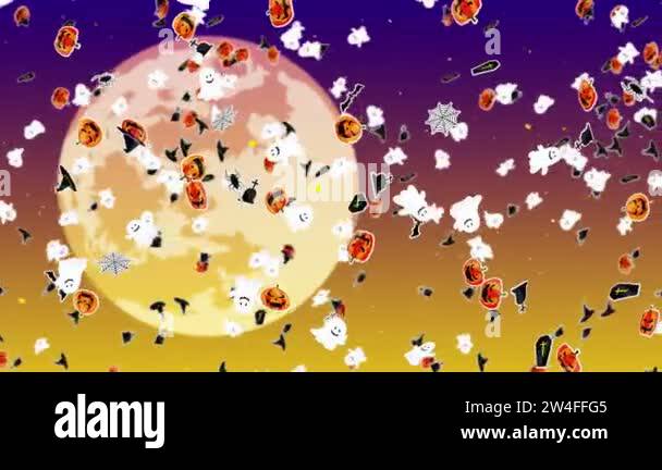 Flying many Halloween monsters. Paper art, Pumpkins, Bats, Spiders, Ghosts, Tombs. Full moon in ...