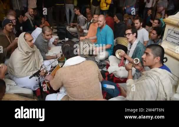 VRINDAVAN, INDIA - 11TH MARCH 2017: Hare Krishna playing Kirtan chants ...