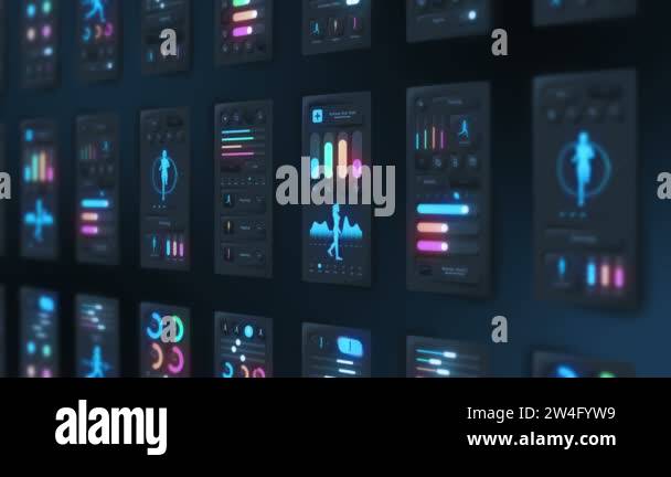 Hi tech panel of fitness application on dark background. Running and ...