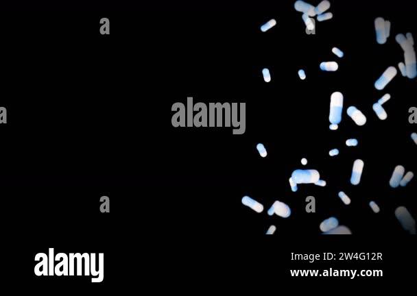 Flying many medical capsules on black background. Medicine and ...