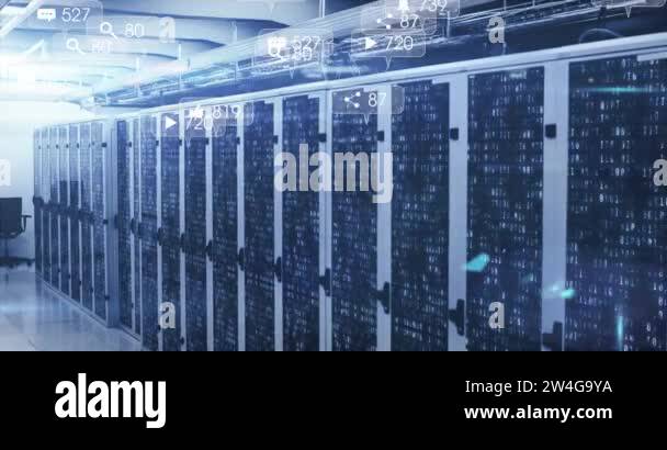 Animation of social media icons and numbers on banners over tech room ...