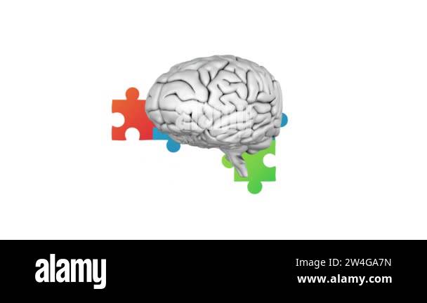 Digital animation of Digital brain spinning over Jigsaw puzzle forming ...