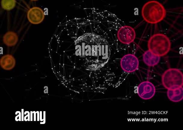 Digital animation of Globe of multi color digital icons over globe of ...