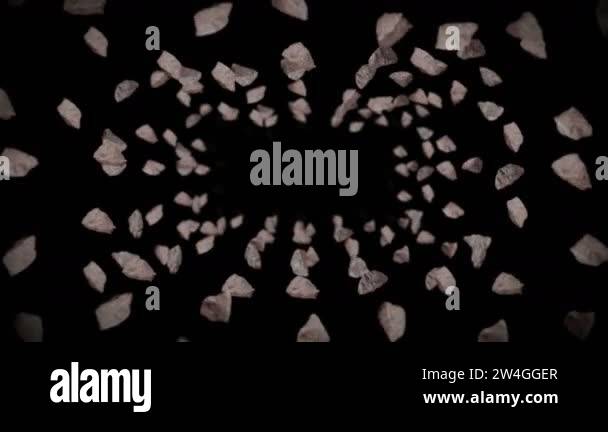 Flying many rock stone on black background. Broken splash explosion ...