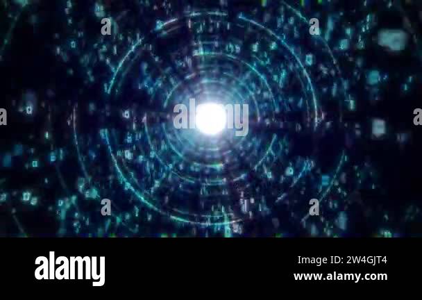 Abstract tunnel. Digital background, 3D rendering. Binary code particle network. Motion and ...
