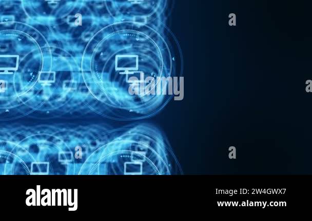 Network community. Remote work concept. Desktop PC and Laptops. Loop ...