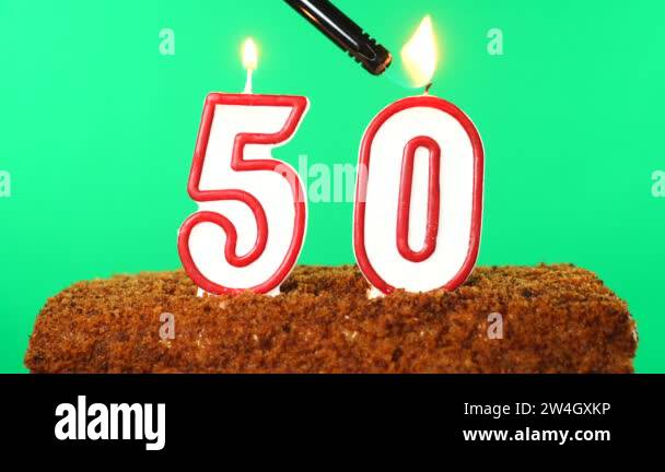 Cake with the number 50 lighted candle. Chroma key. Green Screen ...