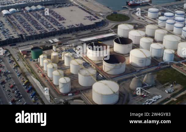 Aerial view over Harbour Oil depots (industrial facility for storage of ...