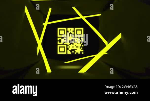 Animation of flickering green QR code with green neon lines on green background. Information ...