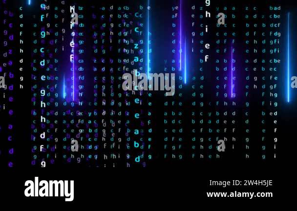 Matrix alphabet and blue and purple laser abstract light effect falling ...