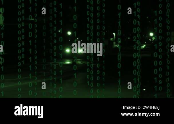 AI concept, truck crossing tracks as a train approaches with binary ...